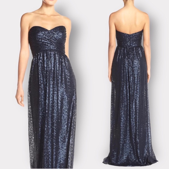 Amsale | Dresses | Amsale Navy Blue London Sequin Tulle Strapless Column Gown Sz 8 | Poshmark